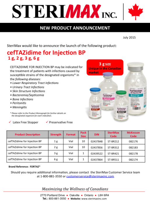 cefTAZidime Launches - SteriMax Inc.