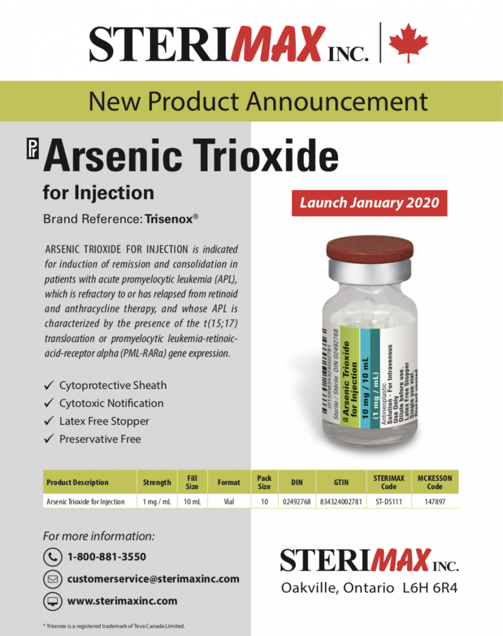 Arsenic Trioxide for Injection - SteriMax Inc.