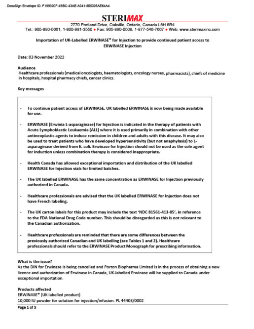 Importation of UK - Labelled ERWINASE for Injection to provide ...